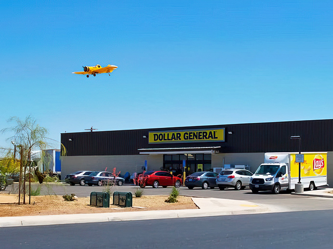 Dollar General's parking lot bustles with activity while a small plane soars overhead&mdash;two different modes of bringing necessities to this remote desert community.