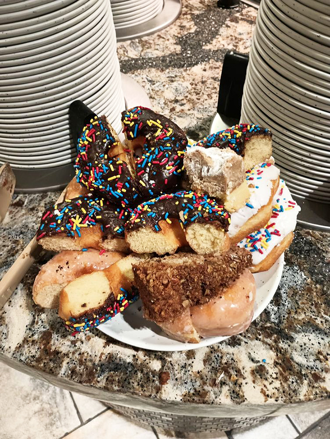 Donuts and pastries stacked with such abandon, they're practically daring you to maintain eye contact while reaching for a third.
