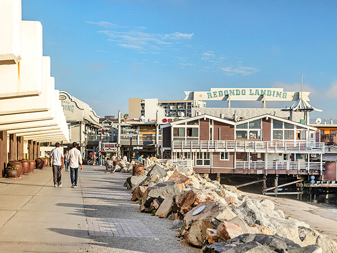 Redondo Landing's boardwalk offers that perfect mix of weathered wood, salt air, and the promise of fish tacos.