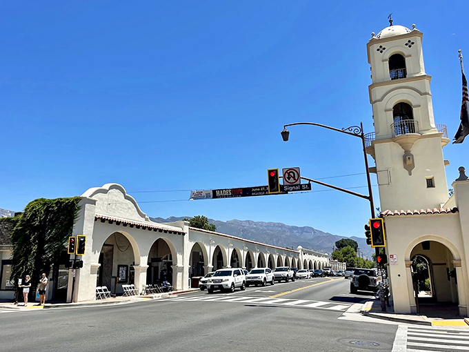 The Arcade's distinctive arches create a shopping experience that feels more like a Mediterranean village than a California main street.