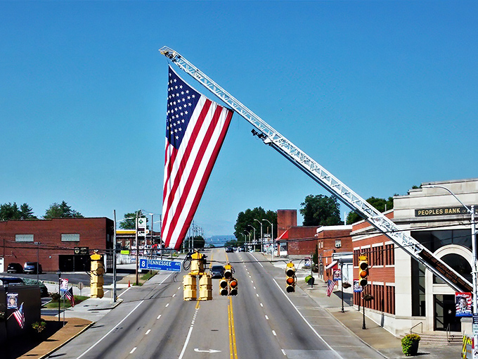 A massive American flag suspended over LaFollette's main street&mdash;because small towns do patriotism with both sincerity and flair.