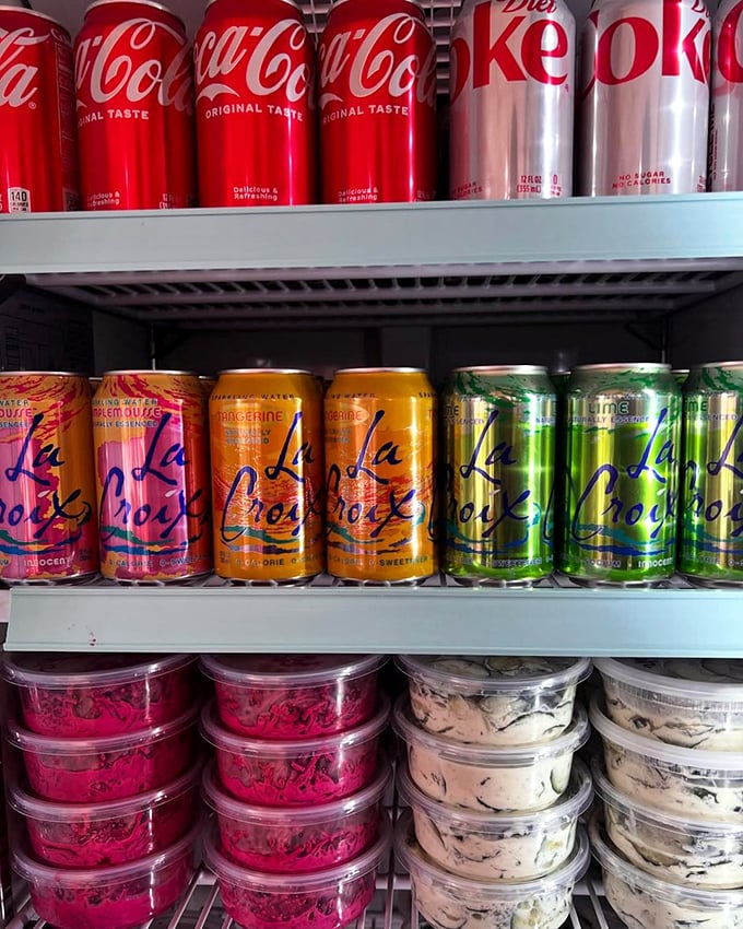 The refrigerator lineup tells a colorful story: La Croix for hipsters, Coca-Cola for traditionalists, and everything delicious in between.