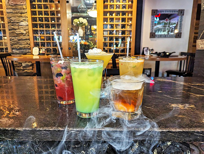 These cocktails aren't just drinks&mdash;they're liquid personality tests, with colors that pop against the sophisticated bar backdrop.