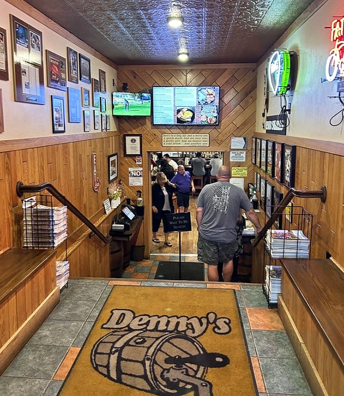 The stairway to heaven is lined with wood paneling and burger memorabilia. Each step brings you closer to Pennsylvania's temple of excessive eating.
