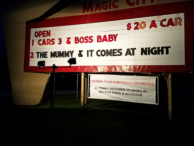 The marquee tells all &ndash; double features for one price and a gentle reminder that outside snacks require a small permit fee.