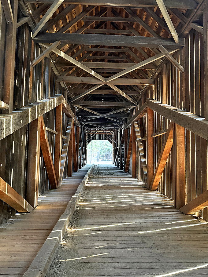 Walking through feels like being inside a wooden kaleidoscope, with light playing tricks at every angle.