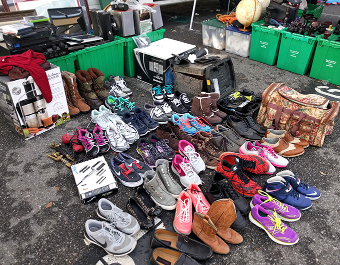 Every step tells a story here, where athletic shoes meet dress shoes in democratic shopping equality.