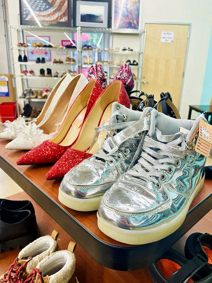 Ruby slippers might take you to Oz, but these glittering heels and metallic sneakers will transport you to compliment city for pocket change.