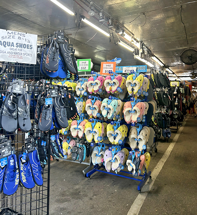 Florida footwear central&mdash;where flip-flops and water shoes become an art form for navigating sunshine and sudden showers.