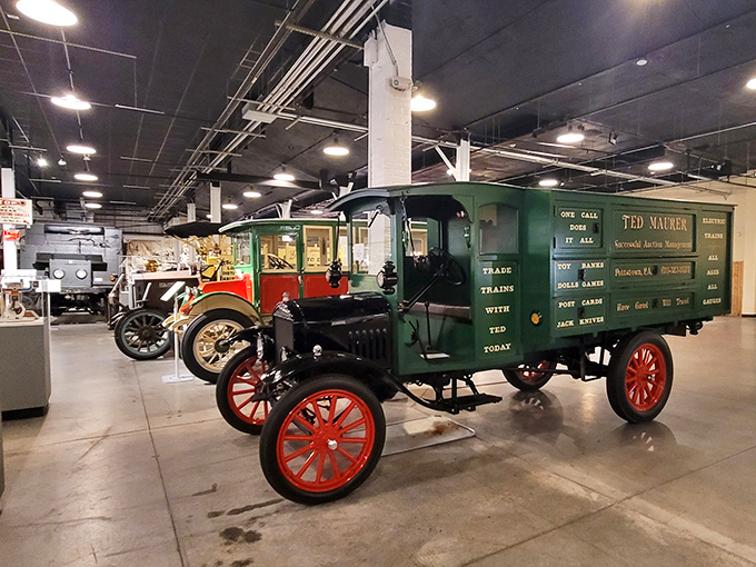 This vintage delivery truck proudly displays its commercial heritage, a rolling billboard from when "going viral" meant catching a cold at the general store.