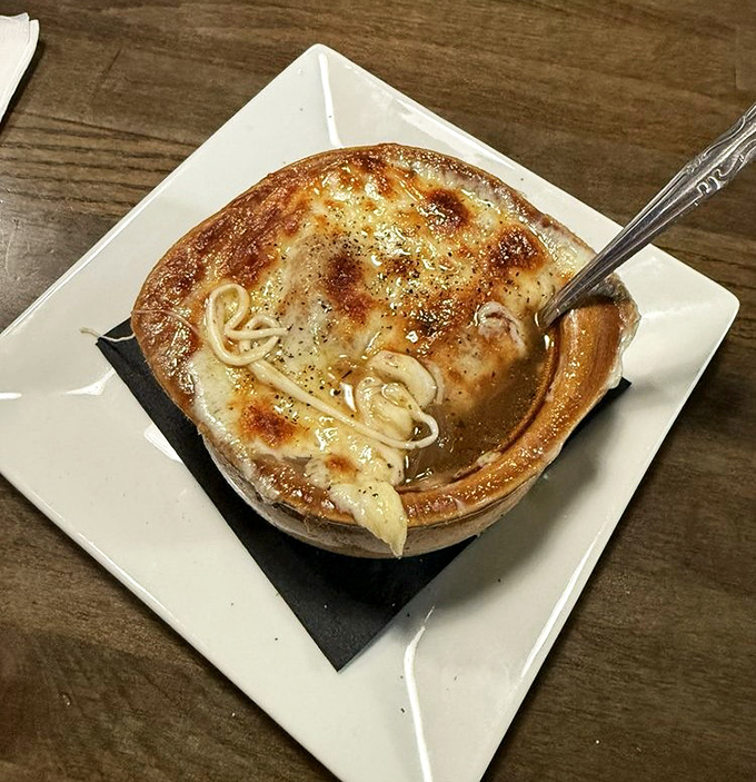 French onion soup that's achieved cheese nirvana &ndash; a bubbling, broiled masterpiece that's worth the inevitable chin dribble and slight tongue burn.