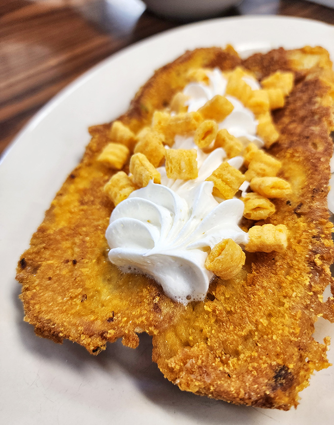 The Cap'n Crunch French toast isn't just breakfast—it's childhood nostalgia served with a side of adult-sized hunger satisfaction.