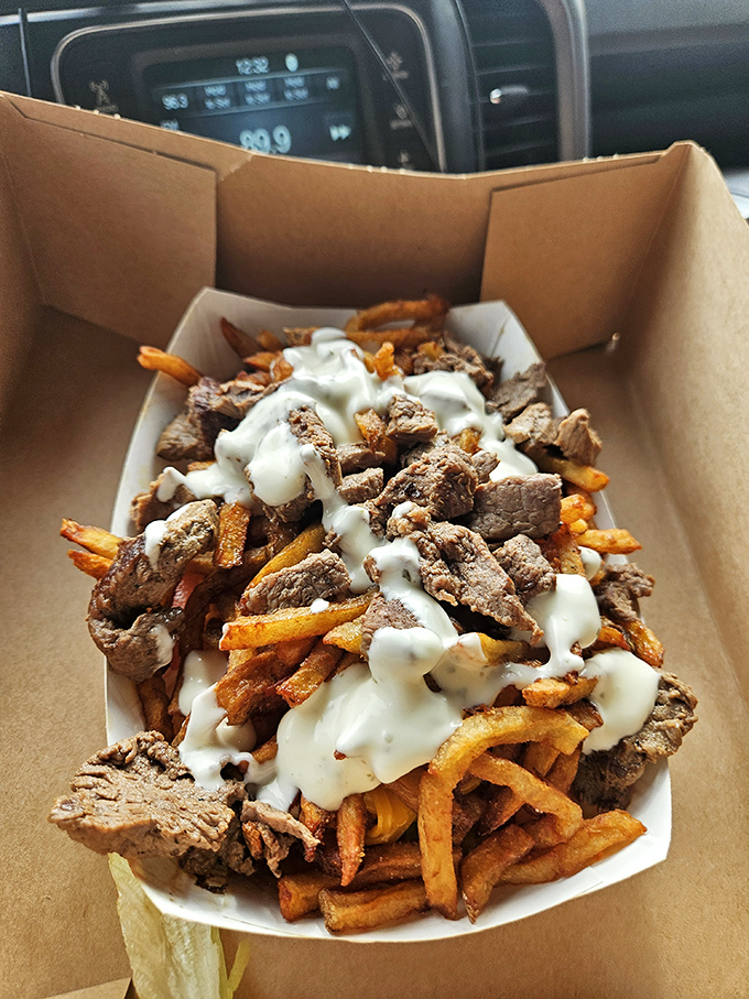 Steak fries smothered in white sauce&mdash;where comfort food meets art installation. The car dashboard becomes the finest dining table in Pennsylvania.