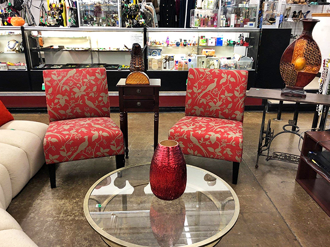 A living room vignette that whispers, "Yes, secondhand furniture can still look like it belongs in a catalog."
