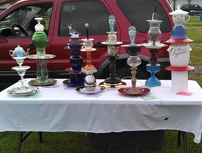 Whimsical glass garden totems that capture sunlight by day and imagination always. Grandma's teacups never dreamed of such glamorous retirement plans.