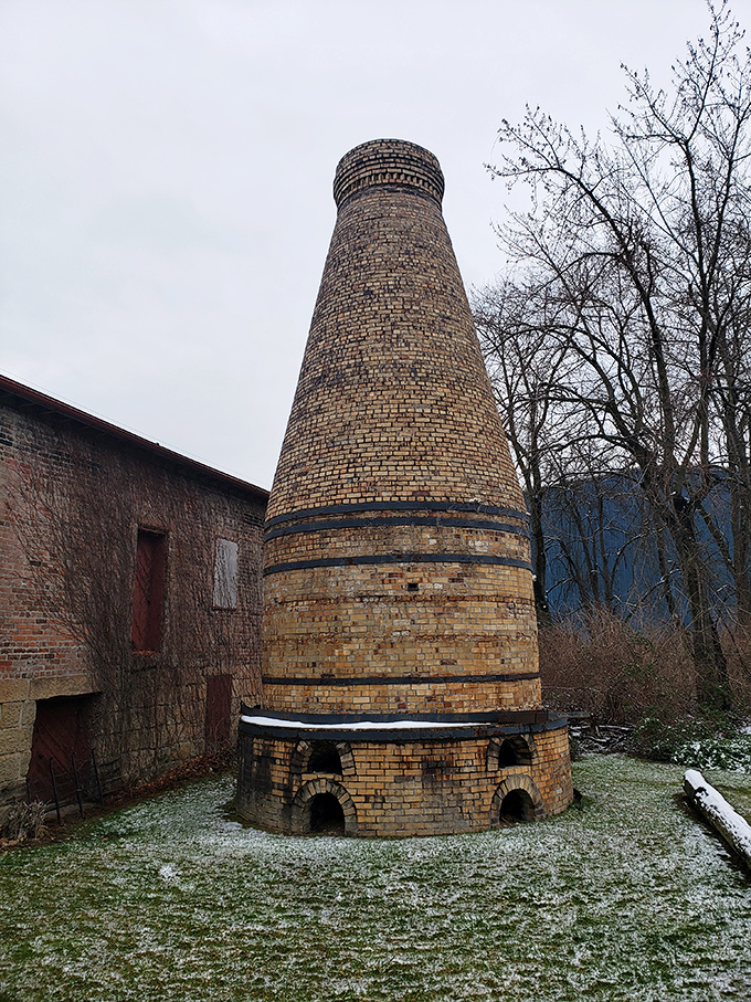 This historic pottery kiln resembles a medieval fortress, a brick sentinel that once fired the ceramics that made East Liverpool famous.