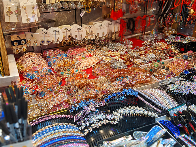 Treasure trove of sparkle! This jewelry display could blind you if the sun hit it right&mdash;more bling per square inch than a rapper's Instagram feed.