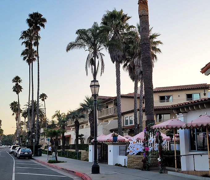 Palm trees frame the sunset along Santa Barbara's picturesque streets. The golden hour transforms ordinary buildings into something from a vintage California postcard.