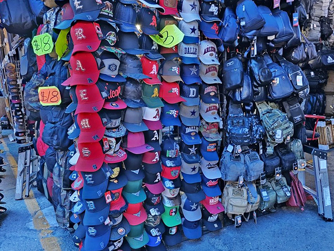 Baseball caps create a rainbow of team loyalties, because Arizona sun requires serious headwear with serious style.