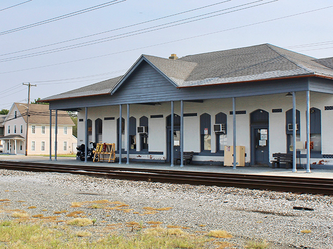 The historic Harrington train depot stands as a preserved reminder of when rail was king and small towns were the heart of American commerce.