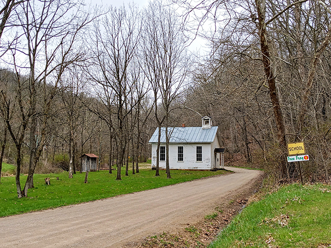 This charming one-room schoolhouse looks like it's waiting for Laura Ingalls Wilder to skip up its path with a lunch pail and slate board.