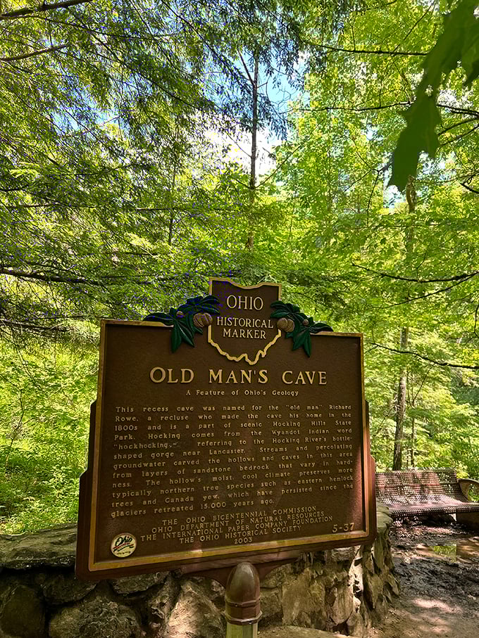 History carved in bronze&mdash;this marker reveals the "old man" behind Old Man's Cave was a hermit named Richard Rowe. Social distancing pioneer!