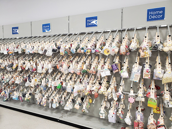 Wall-to-wall bagged treasures in the home d&eacute;cor section. One person's discarded knickknack is another's perfect shelf accent waiting to happen.
