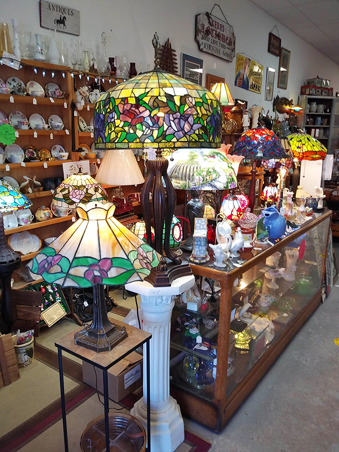 Tiffany-style lamps create pools of colored light across the store &ndash; functional art that transforms any room into a stained-glass sanctuary.