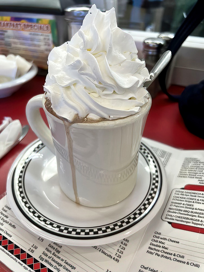 Hot chocolate that doesn't know the meaning of restraint. That whipped cream mountain would make the Matterhorn jealous.