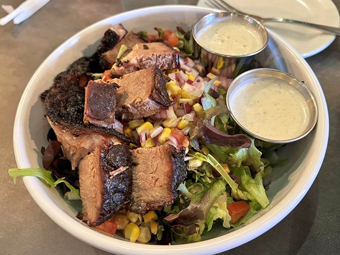 A house salad that proves even the greens get special attention in this smoke-filled paradise.