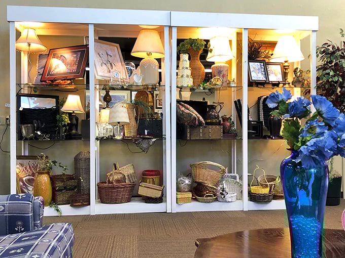 Display cabinets showcasing treasures that somehow look more valuable behind glass. Those baskets have carried everything from picnics to laundry in their previous lives.