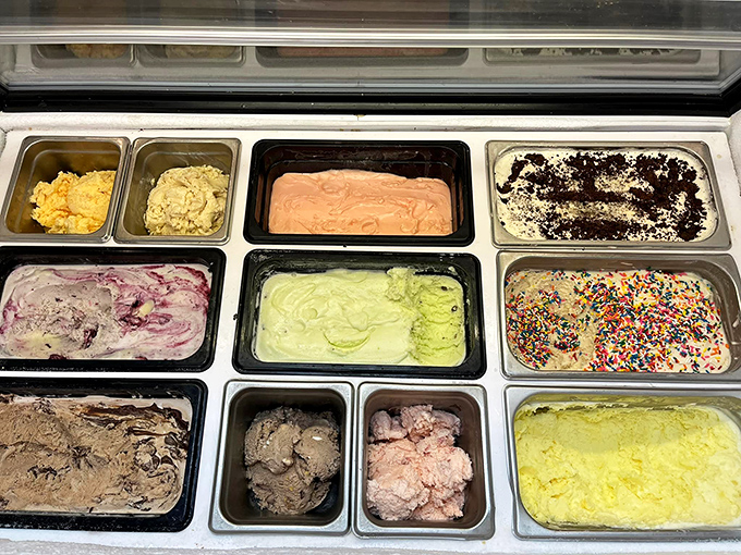 The ice cream selection is like a color palette of frozen happiness&mdash;each flavor promising its own sweet adventure.