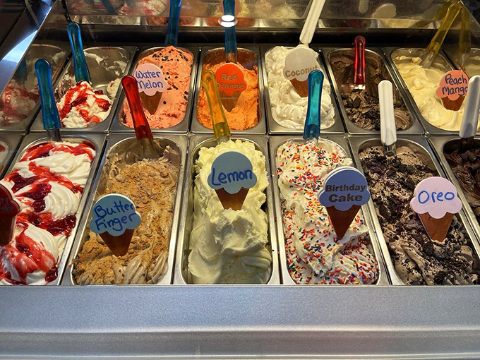 An ice cream selection that makes adults experience the same wide-eyed wonder they had as children. Butter Finger and Birthday Cake compete for attention.