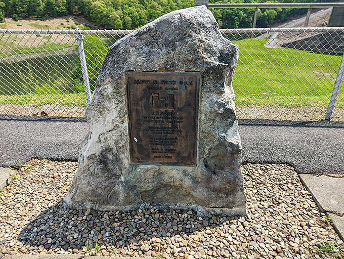 History carved in stone at the dam overlook. This plaque tells tales of engineering triumph that transformed a valley into a recreational paradise..
