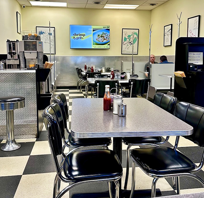 Clean lines, classic diner aesthetics, and condiments at the ready—this is breakfast theater in its purest form.