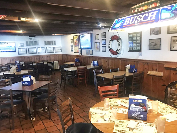 The dining room feels like the cozy cabin of a luxury fishing boat, where nautical memorabilia tells stories of Lake Erie adventures past.