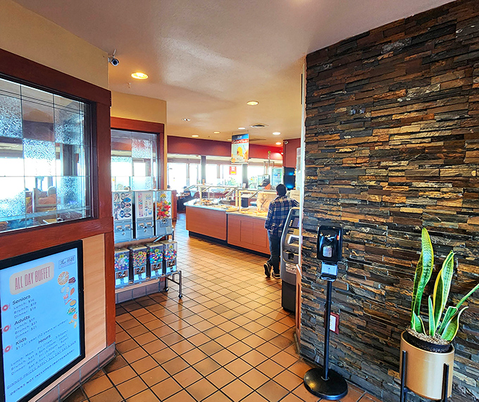 The entrance showcases stone walls and buffet stations &ndash; like the gateway to a food fantasy you've had since childhood.