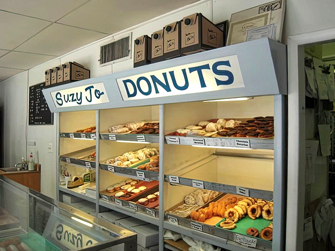 The wall of temptation—shelves lined with fresh-made treasures that make choosing just one an exercise in delicious torture.