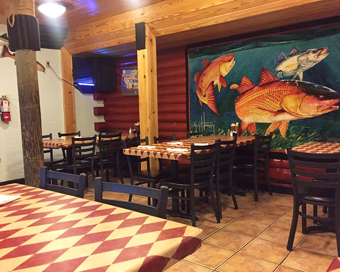 The fish mural watching over diners seems to say, "Yes, there's seafood too, but you're really here for the barbecue, aren't you?"
