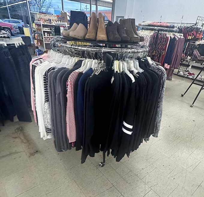 Circular racks spinning tales of fashion history, from disco fever to millennial minimalism.