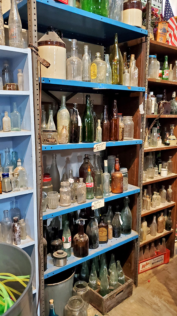A library of bottles that whispers tales of prohibition, soda fountains, and medicine shows—each glass vessel a transparent time capsule.