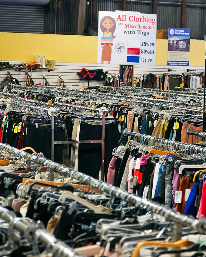 Denim for days! The clothing racks stretch toward the horizon like an ocean of fashion possibilities waiting to be discovered.