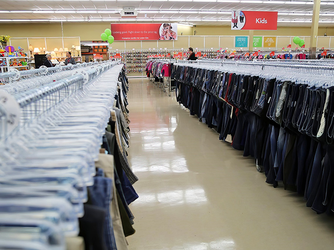Denim for days! The jeans section offers a historical timeline of America's relationship with high-waisted fashion and acid wash experimentation.