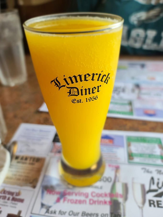 Sunshine in a glass, complete with the diner's name to remind you where this liquid gold came from. Orange juice never looked so optimistic. 