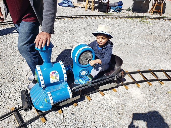 Future engineers take the controls of this miniature blue locomotive &ndash; proving you're never too young to fall in love with trains.