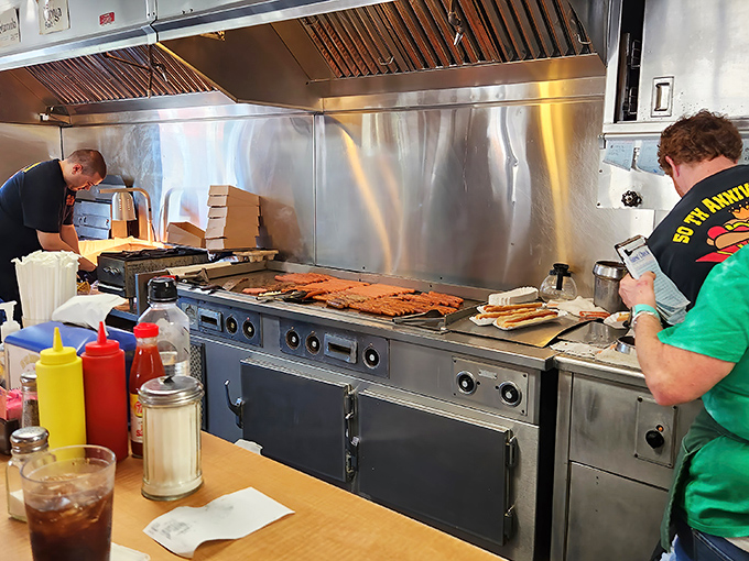 Where the magic happens &ndash; that flat-top grill has probably seen more action than a Hollywood stuntman. Seasoned to perfection.