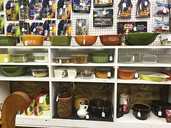 Pyrex bowls in harvest colors that would make your grandmother swoon. Mid-century kitchen treasures displayed like the functional art pieces they truly are.