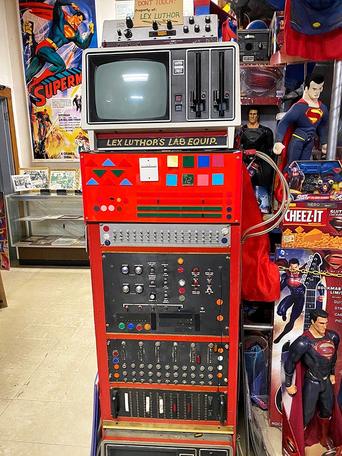 "Don't Touch: Property of Lex Luthor" warns the sign above this vintage electronics display, bringing Superman's nemesis into the real world.