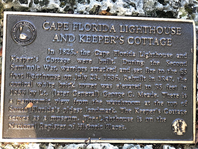 This historical plaque tells the dramatic tale of survival, fire, and reconstruction&mdash;the original Florida reality show, just without the camera crew.