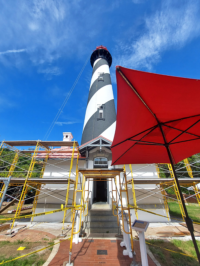 Even lighthouses need a spa day occasionally &ndash; scaffolding surrounds the keeper's house during preservation work on this historic treasure.